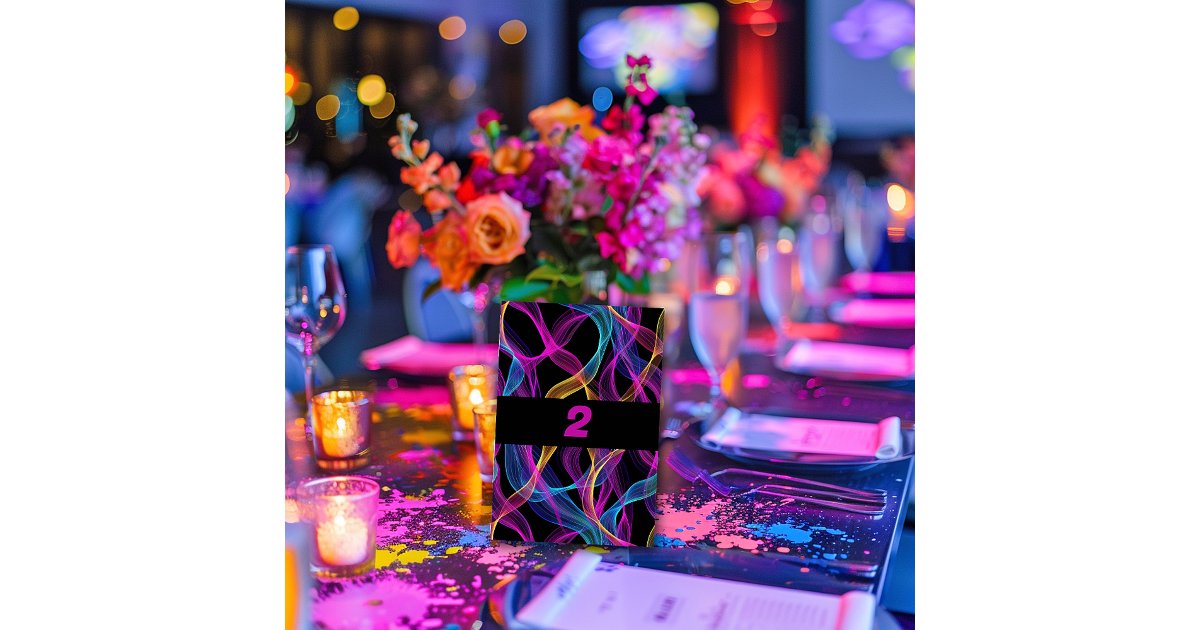 Neon Glow, Flowy Ribbons Table Number | Zazzle