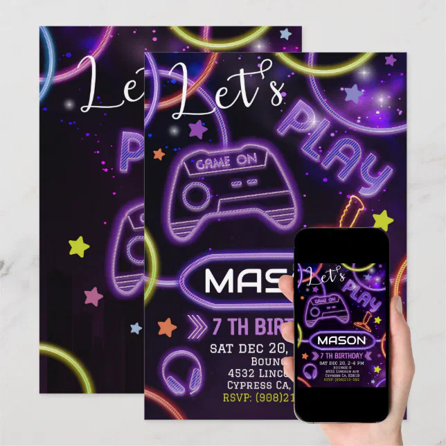 Neon Glow Gaming Birthday Invitation | Zazzle