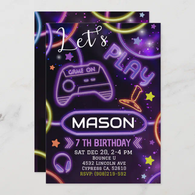 Neon Glow Gaming Birthday Invitation | Zazzle