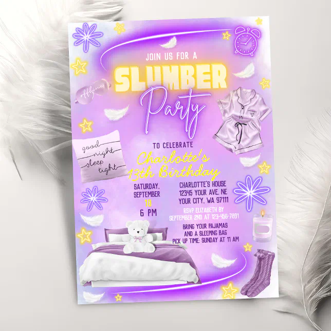 Neon Glow Girls Slumber Sleepover Pajama Party Invitation | Zazzle