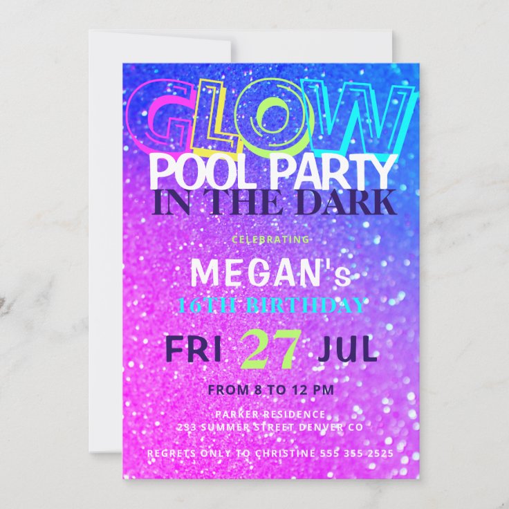 Neon glow in the dark pool birthday party invitation | Zazzle