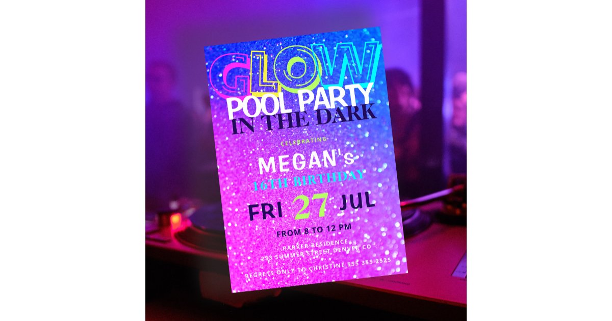 Neon glow in the dark pool birthday party invitation | Zazzle