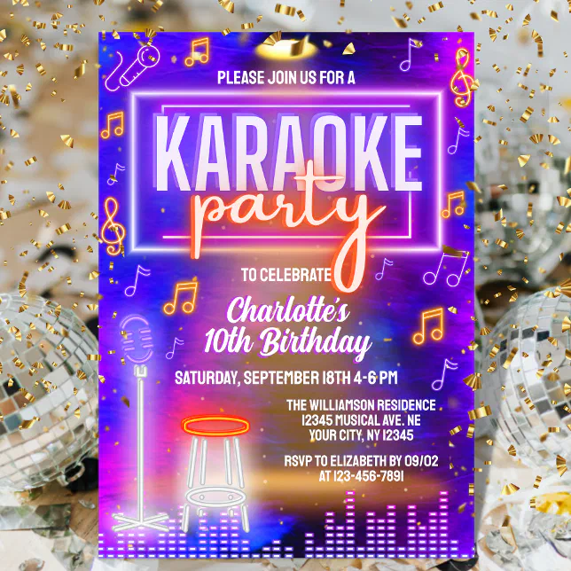 Neon Glow Karaoke Singing Musical Birthday Party Invitation | Zazzle