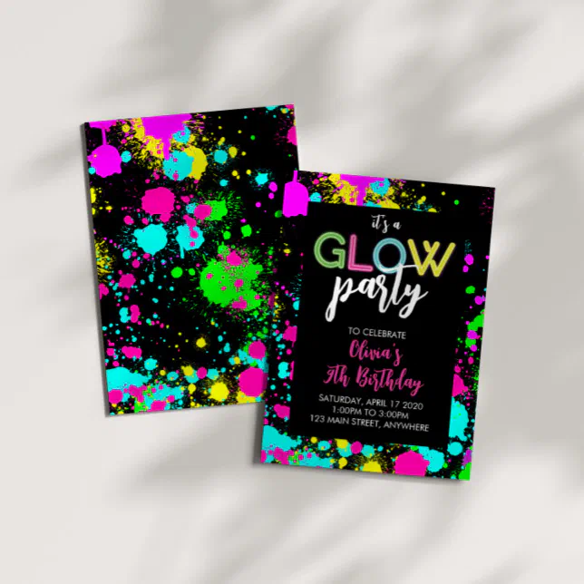 Neon Glow Paint Splatter Birthday Invitation | Zazzle