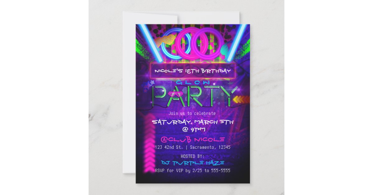 Neon Glow PARTY Birthday Club Event Invitations | Zazzle