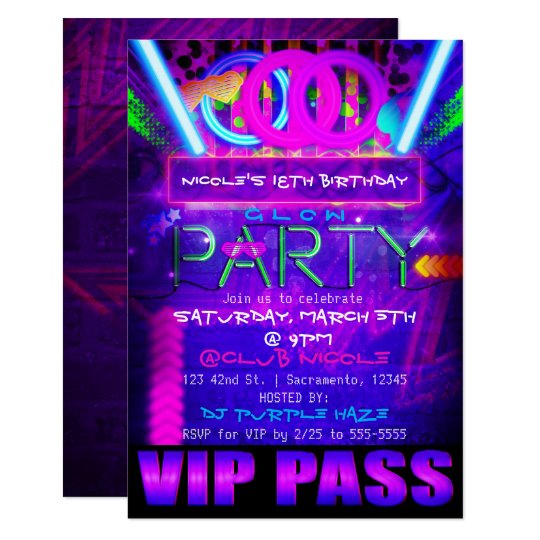 Neon Glow PARTY Birthday VIP PASS Club Invitations | Zazzle.com