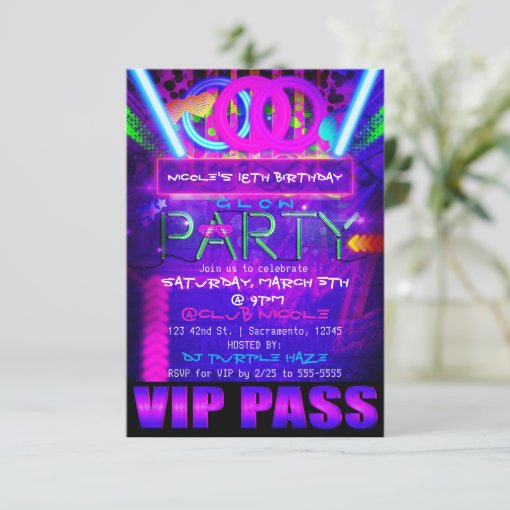 Neon Glow PARTY Birthday VIP PASS Club Invitations | Zazzle