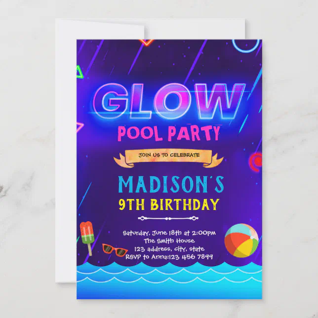 Neon glow pool invitation | Zazzle