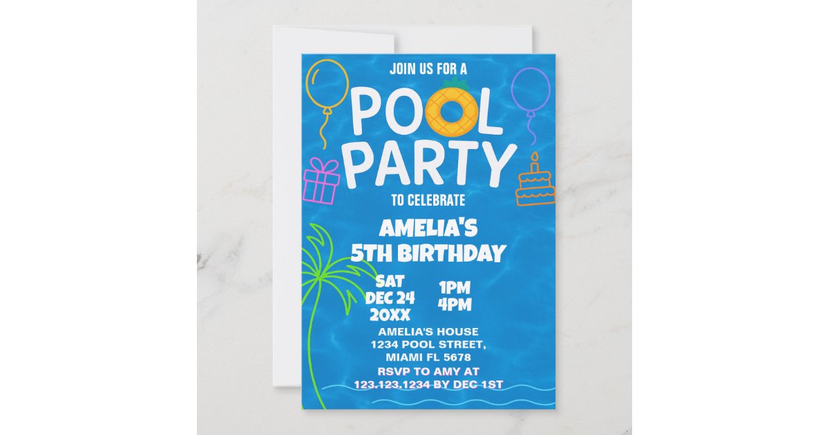 Neon Glow Pool Party Birthday Invitation | Zazzle
