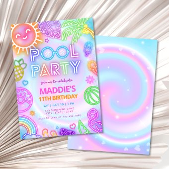 Neon Glow Pool Party Birthday Invitation | Zazzle