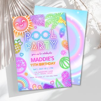 Neon Glow Pool Party Birthday Invitation | Zazzle