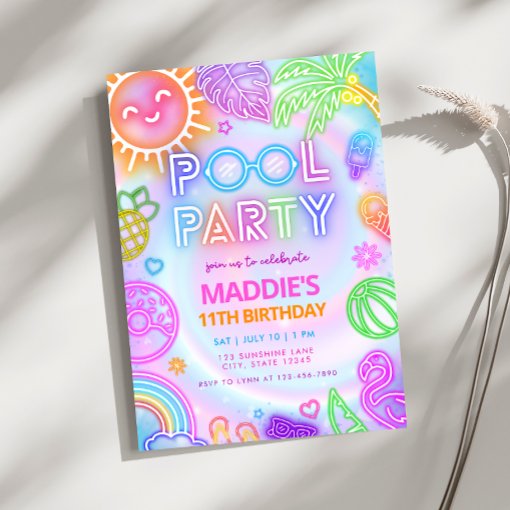 Neon Glow Pool Party Birthday Invitation | Zazzle