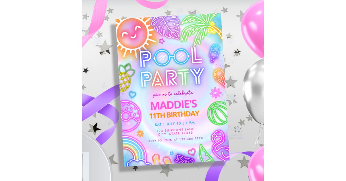 Neon Glow Pool Party Birthday Invitation | Zazzle