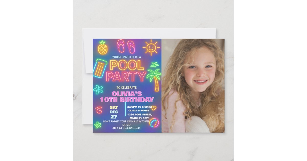 Neon Glow Pool Party Birthday Invite | Zazzle