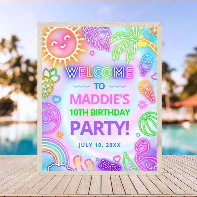 Neon Glow Pool Party Birthday Welcome Sign | Zazzle