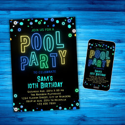 Neon Glow Pool Party Boys Summer Birthday Party Invitation | Zazzle