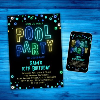 Neon Glow Pool Party Boys Summer Birthday Party Invitation | Zazzle