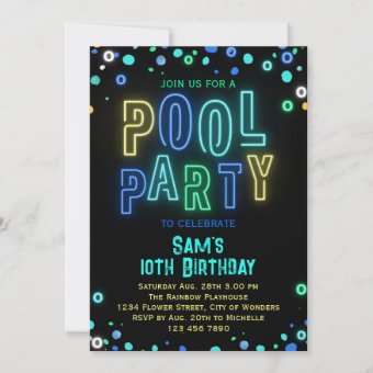 Neon Glow Pool Party Boys Summer Birthday Party Invitation | Zazzle