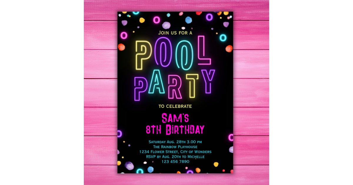 Neon Glow Pool Party Girls Pink Purple Birthday Invitation | Zazzle
