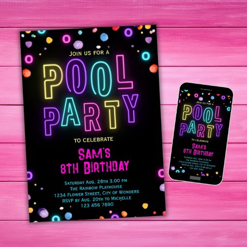Neon Glow Pool Party Girls Pink Purple Birthday Invitation | Zazzle