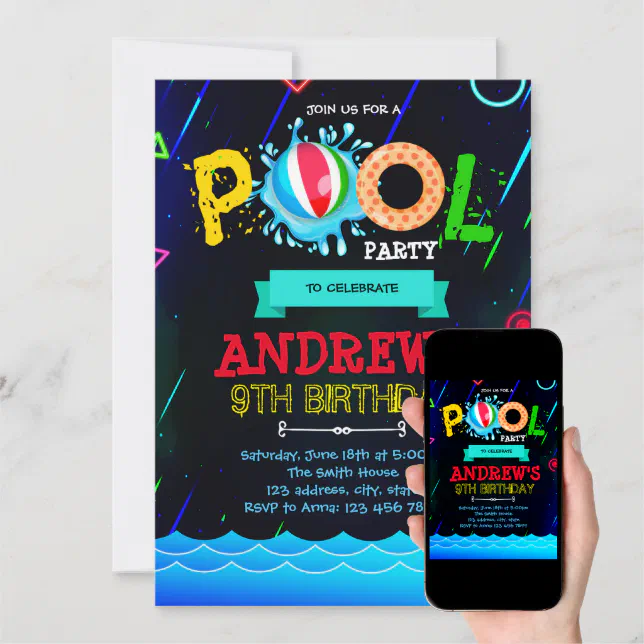 Neon glow pool party invitation | Zazzle