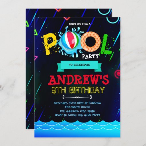 Neon glow pool party invitation | Zazzle