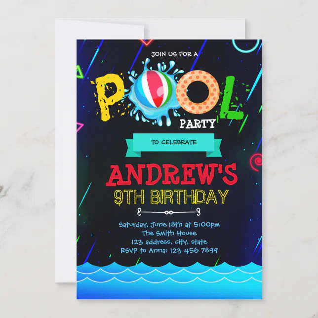 Neon glow pool party invitation | Zazzle
