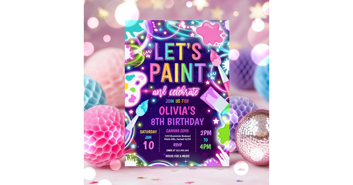 Neon Glow Pottery Painting Birthday Party Invitation | Zazzle