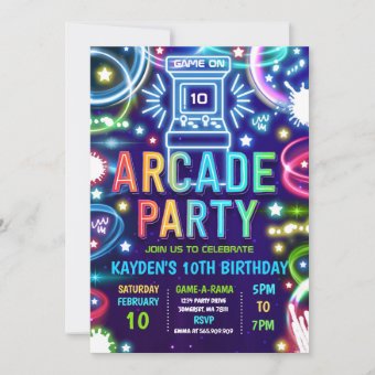 Neon Glow Retro Arcade Gaming Birthday Party Invitation | Zazzle