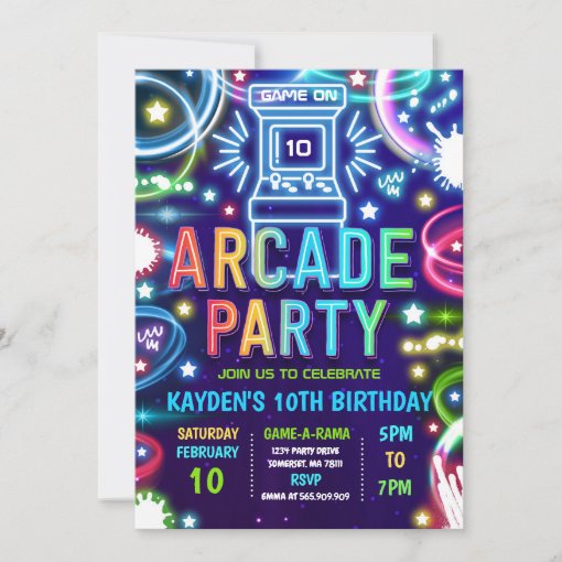 Neon Glow Retro Arcade Gaming Birthday Party Invitation | Zazzle