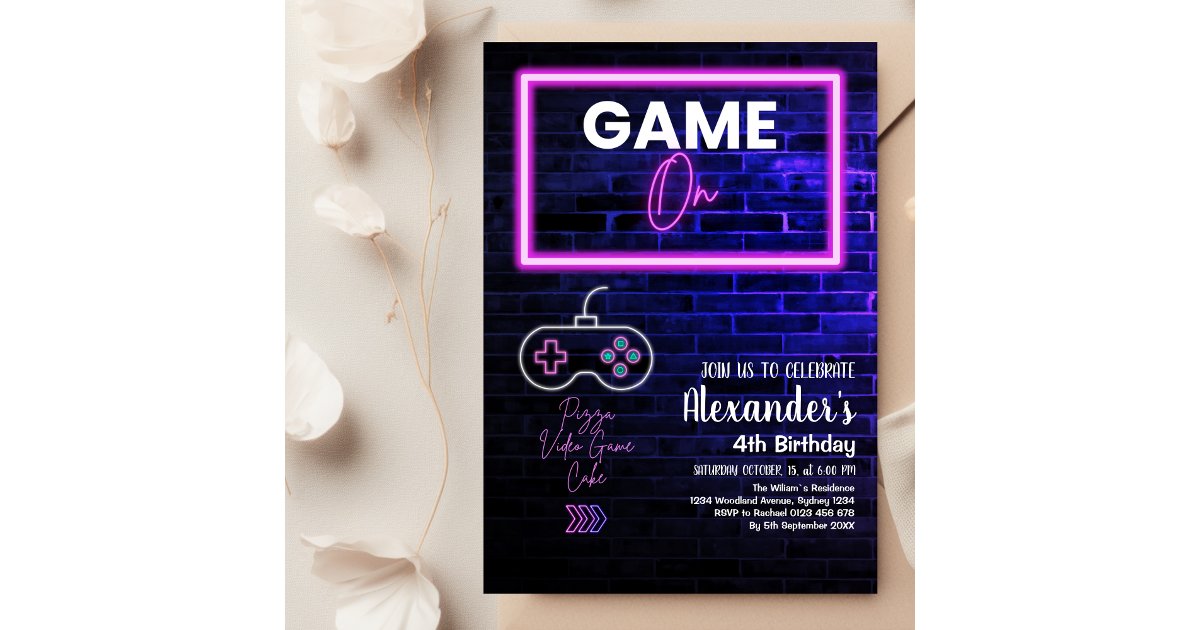 Neon Glow Retro Arcade Gaming Birthday Party Invitation | Zazzle