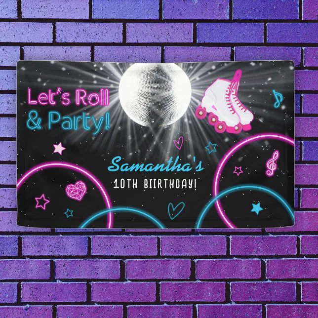 Neon Glow Roller Skating Let's Roll Birthday Party Banner | Zazzle