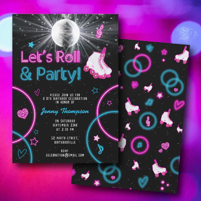 Neon Glow Roller Skating Let's Roll Birthday Party Invitation | Zazzle