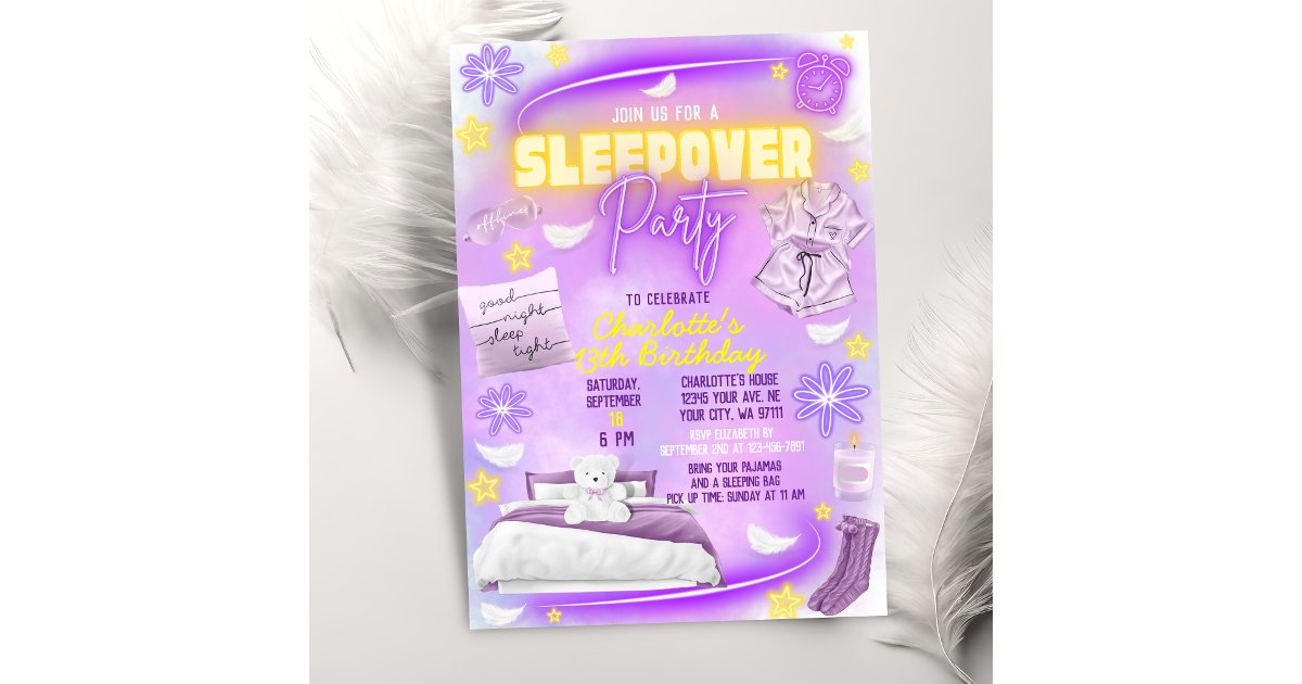 Neon Glow Teen Tween Girls Slumber Sleepover Party Invitation | Zazzle
