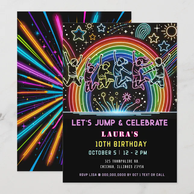 Neon Glow Trampoline Jump Bounce Birthday Invitation | Zazzle