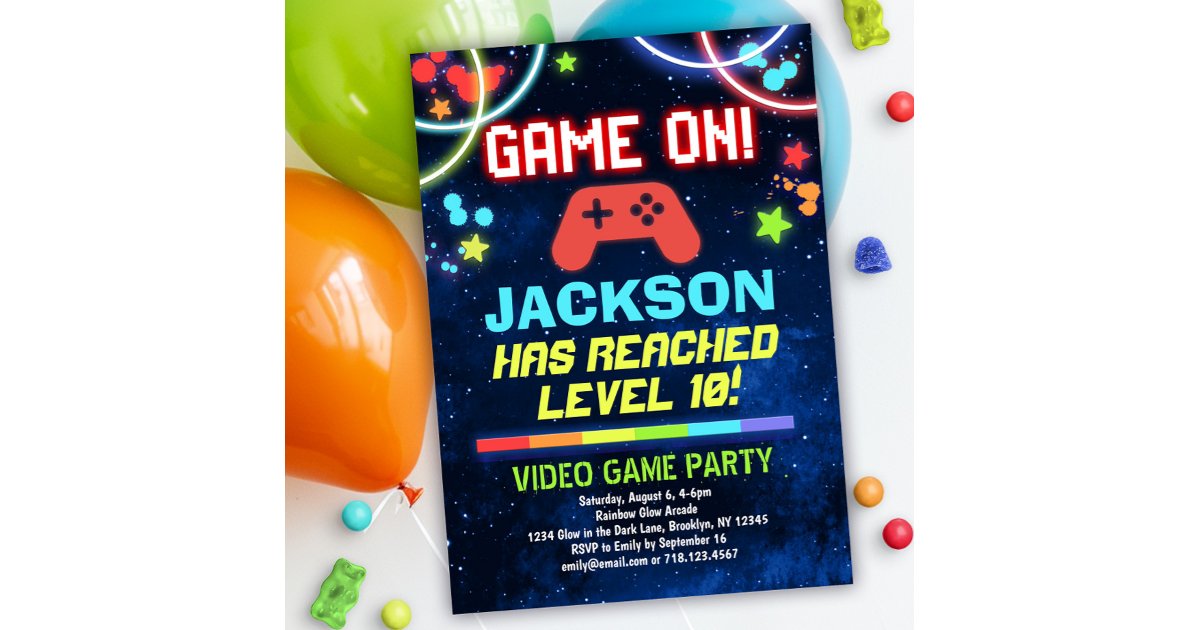 Neon Glow Video Game Birthday Party Invitation | Zazzle