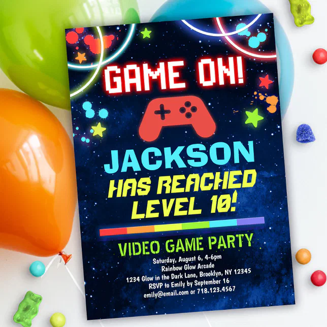 Neon Glow Video Game Birthday Party Invitation | Zazzle