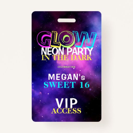 Neon glow VIP access Sweet 16 birthday invitation Badge | Zazzle