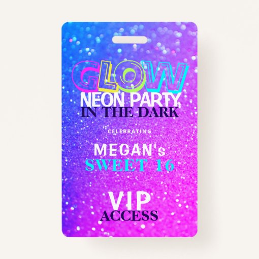 Neon glow VIP access Sweet 16 birthday invitation Badge | Zazzle