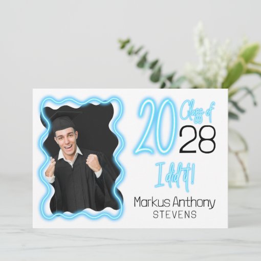 Neon Glow Wavy Border Photo Graduation Ceremony Invitation | Zazzle