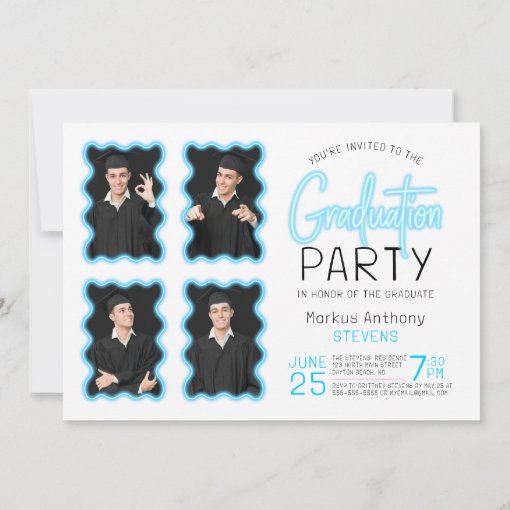 Neon Glow Wavy Border Photo Graduation Party Invitation | Zazzle