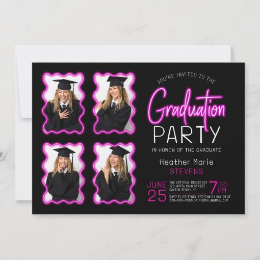 Neon Glow Wavy Border Photo Graduation Party Invitation | Zazzle