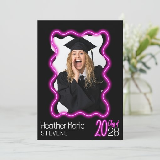 Neon Glow Wavy Border Photo Graduation Party Invitation | Zazzle