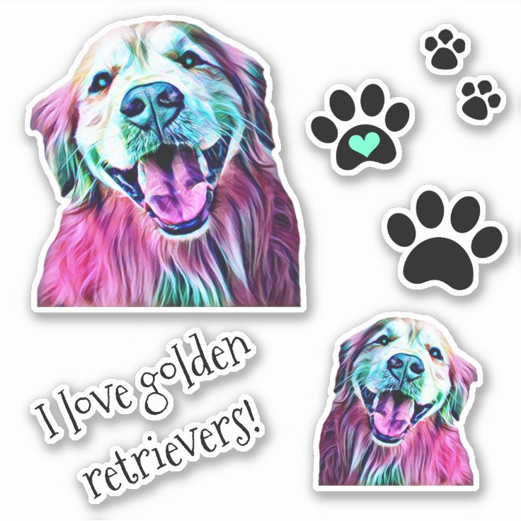 Neon Golden Retriever and Pawprints Group Sticker | Zazzle