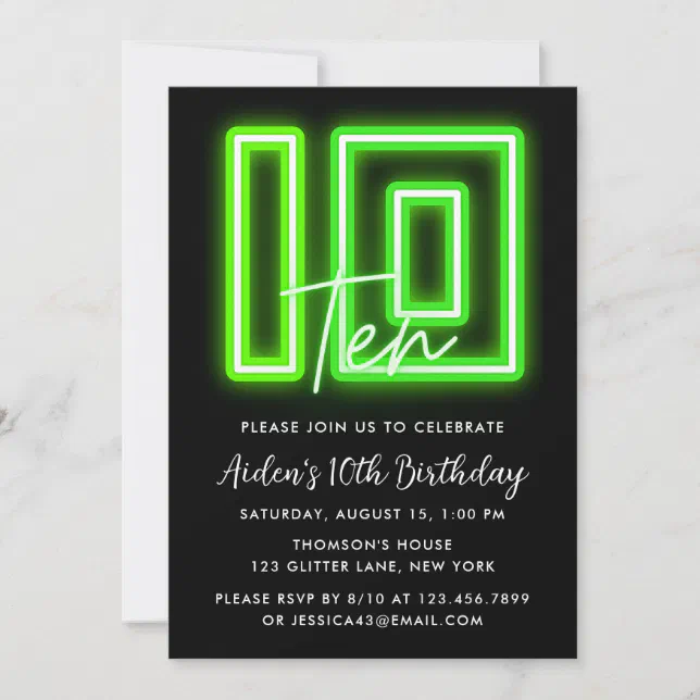 Neon Green 10th Birthday Invitation | Zazzle