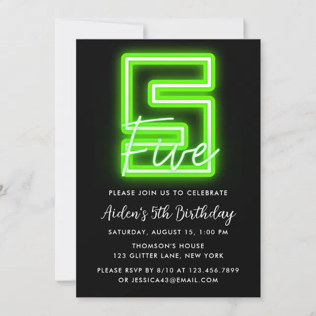 Neon Green 5th Birthday Invitation | Zazzle