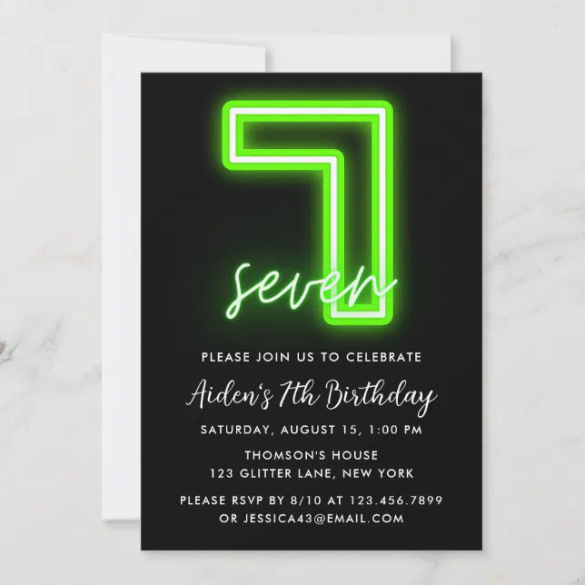 Neon Green 7th Birthday Invitation | Zazzle