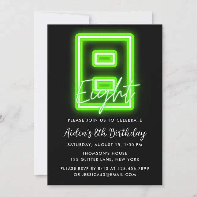 Neon Green 8th Birthday Invitation | Zazzle