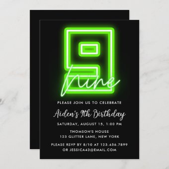 Neon Green 9th Birthday Invitation | Zazzle