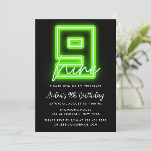 Neon Green 9th Birthday Invitation | Zazzle